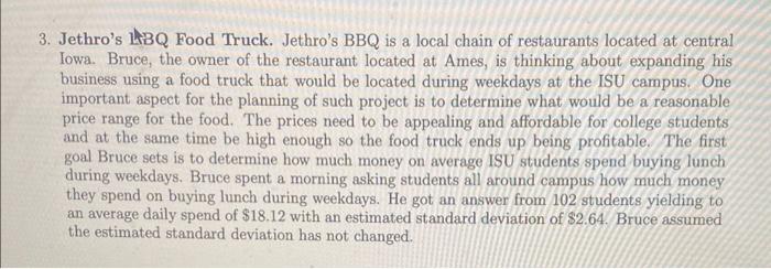 Solved 3. Jethro's MBQ Food Truck. Jethro's BBQ is a local | Chegg.com