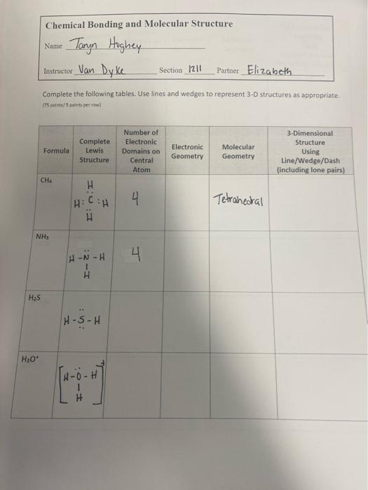 Solved Chemical Bonding and Molecular Structure Name Taryn | Chegg.com