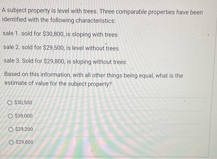 Solved A subject property is level with trees. Three | Chegg.com