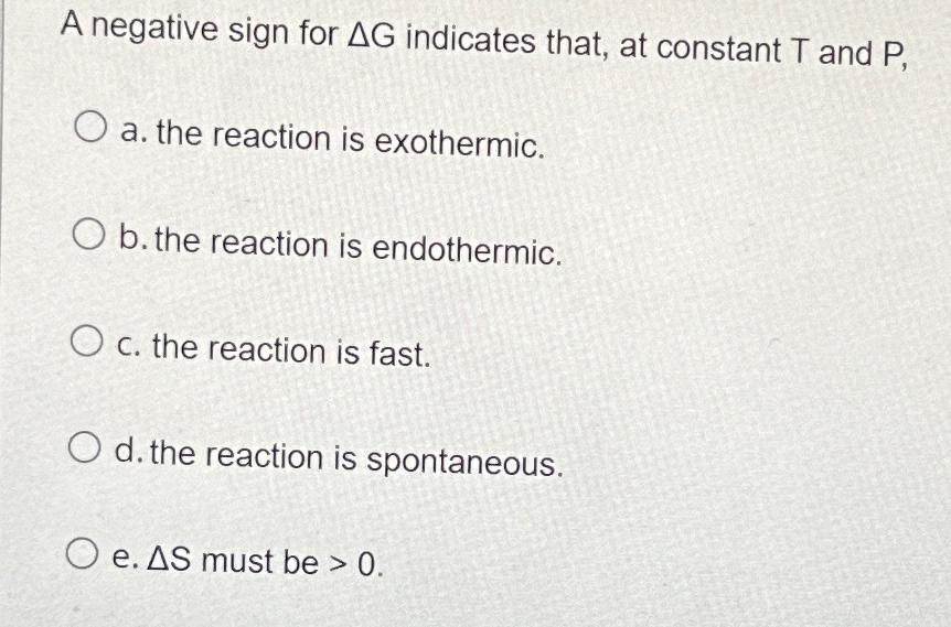 A negative sign for ΔG ﻿indicates that, at constant T | Chegg.com