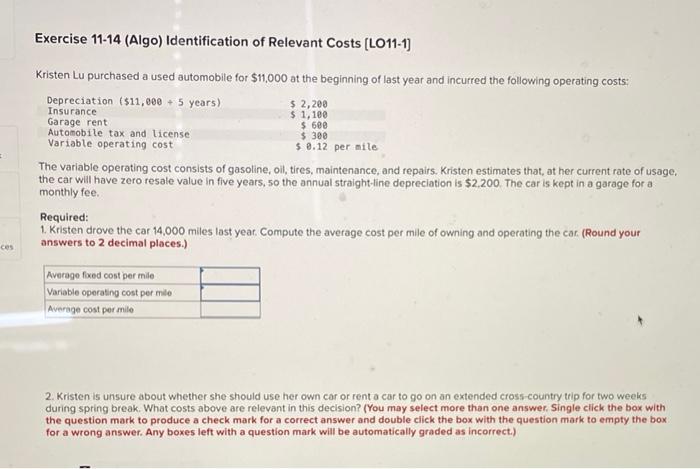 Solved Exercise 11-14 (Algo) Identification of Relevant | Chegg.com