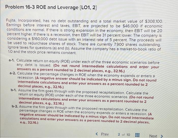 Solved Problem 16-3 ROE and Leverage (LO1, 2] Fujita, | Chegg.com