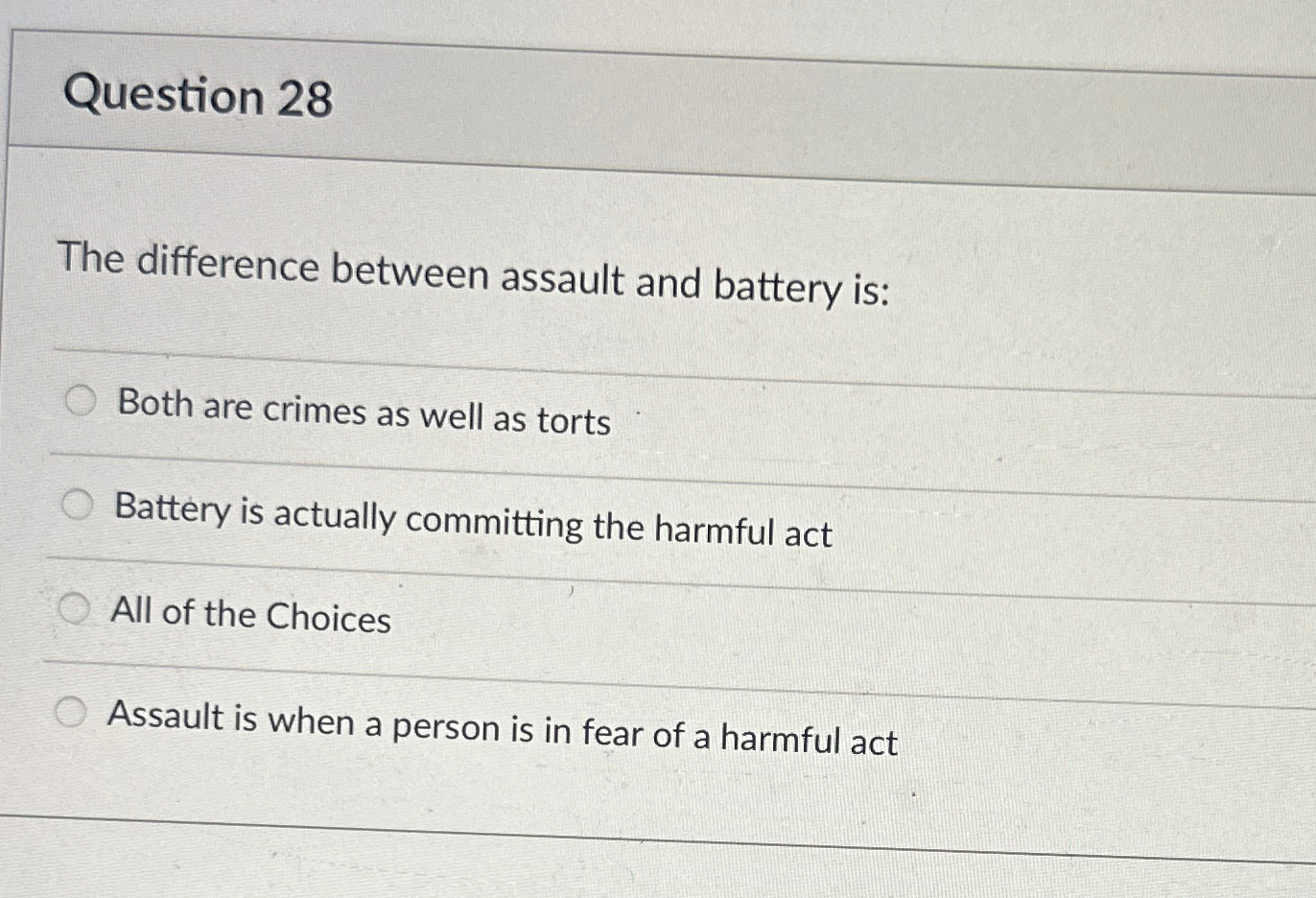 Solved Question 28The difference between assault and battery | Chegg.com