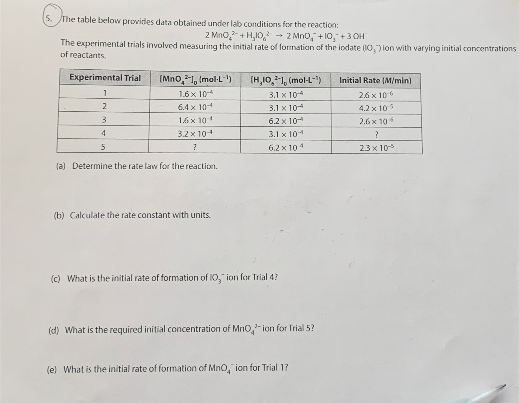 Solved The table below provides data obtained under lab | Chegg.com