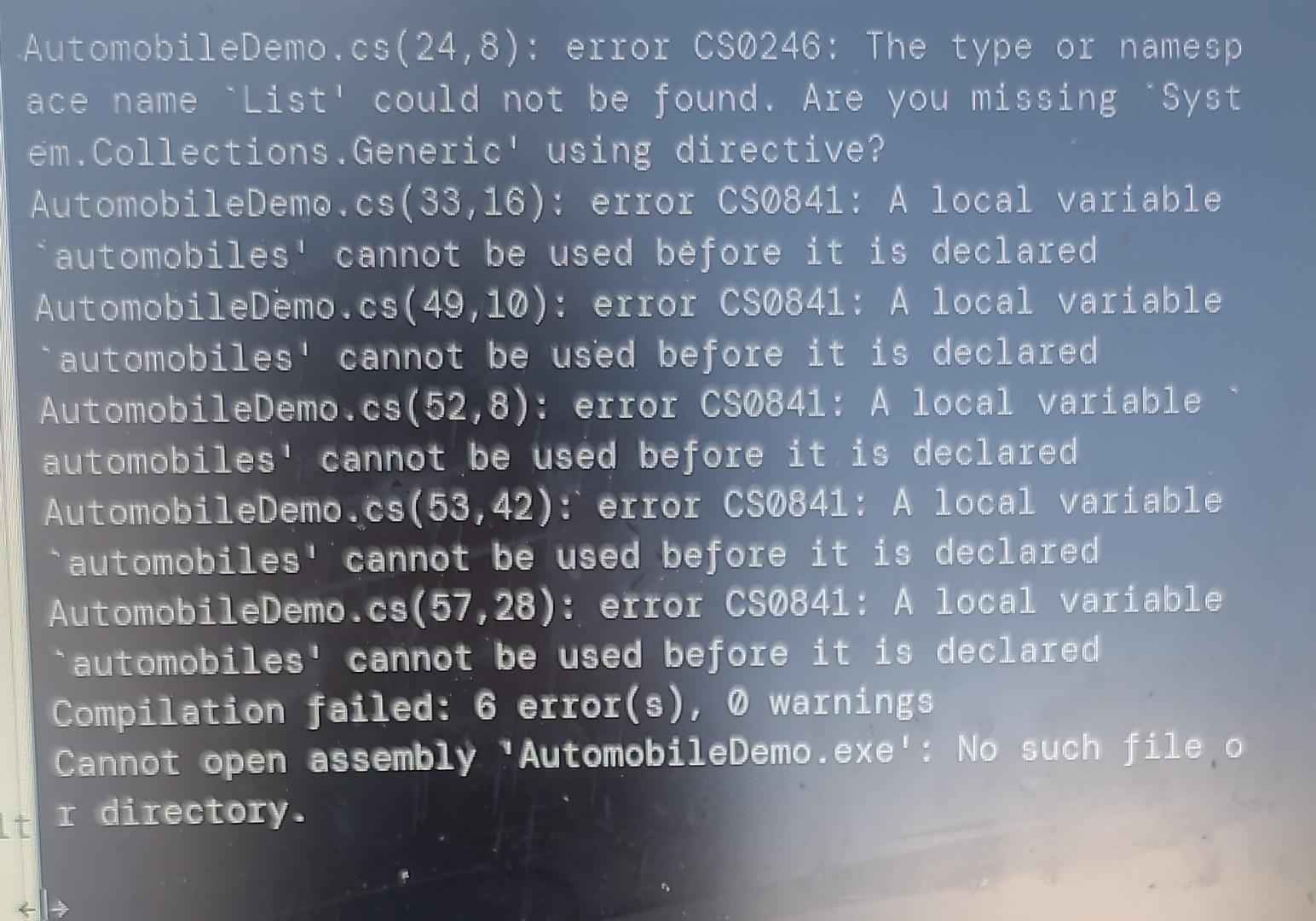 Solved AutomobileDemo, cs (24,8) : error cS0246: The type or | Chegg.com
