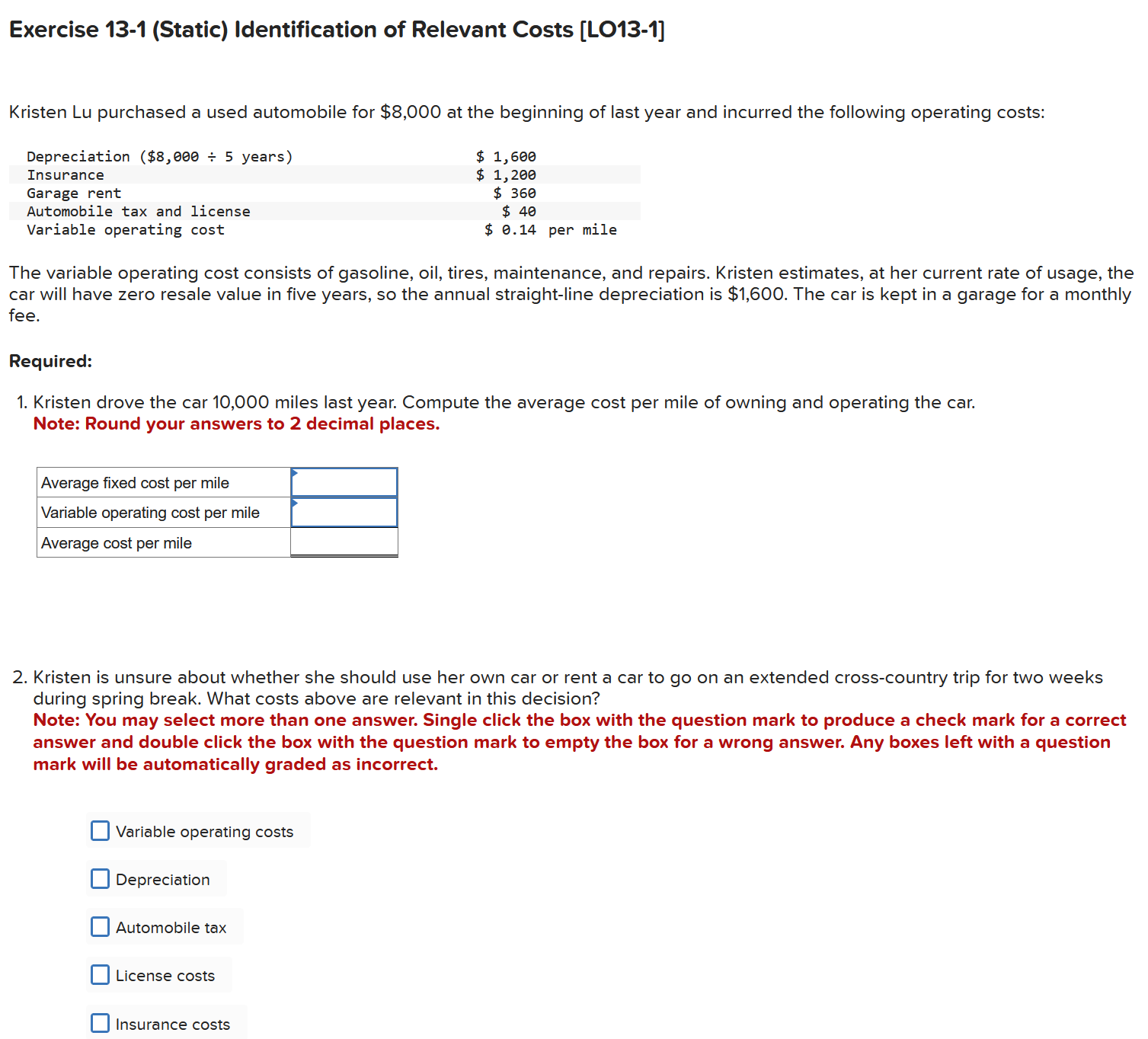 Solved Exercise 13-1 (Static) ﻿Identification of Relevant | Chegg.com