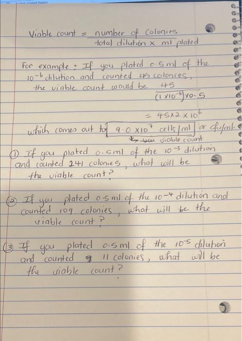 Solved ws Viable count = number of Colonies total dilution x | Chegg.com