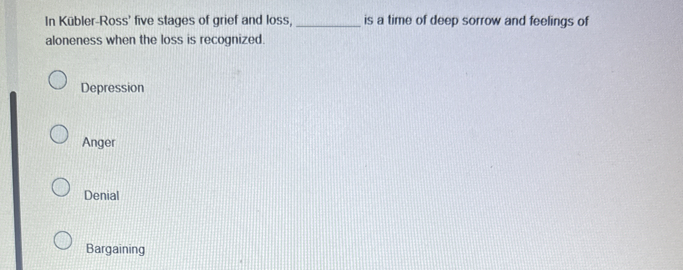 Solved In Kübler-Ross' five stages of grief and loss, q, ﻿is | Chegg.com