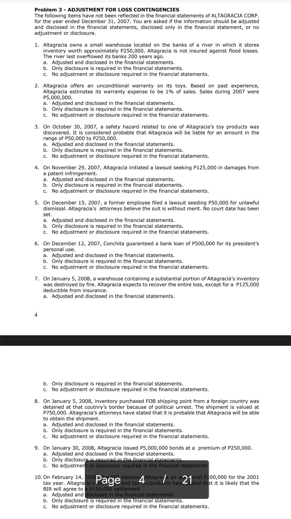 Solved Problem 3 - ADJUSTMENT FOR LOSS CONTINGENCIES The | Chegg.com