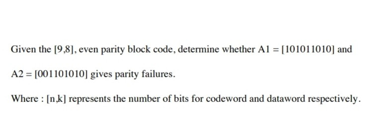 Solved Given the [9,8], even parity block code, determine | Chegg.com