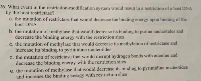 Solved 26. What event in the restriction-modification system | Chegg.com