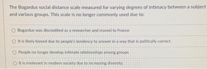 Solved The Bogardus social distance scale measured for | Chegg.com