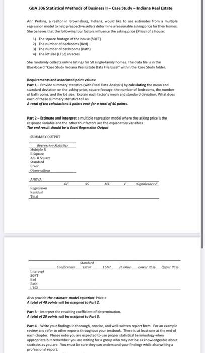 Solved GBA 306 Statistical Methods of Business Il Case Study | Chegg.com
