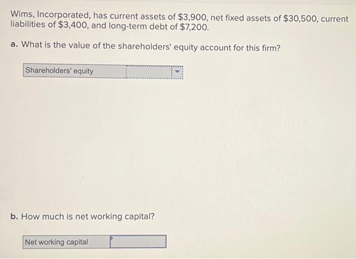 Solved Wims, Incorporated, has current assets of $3,900, net | Chegg.com