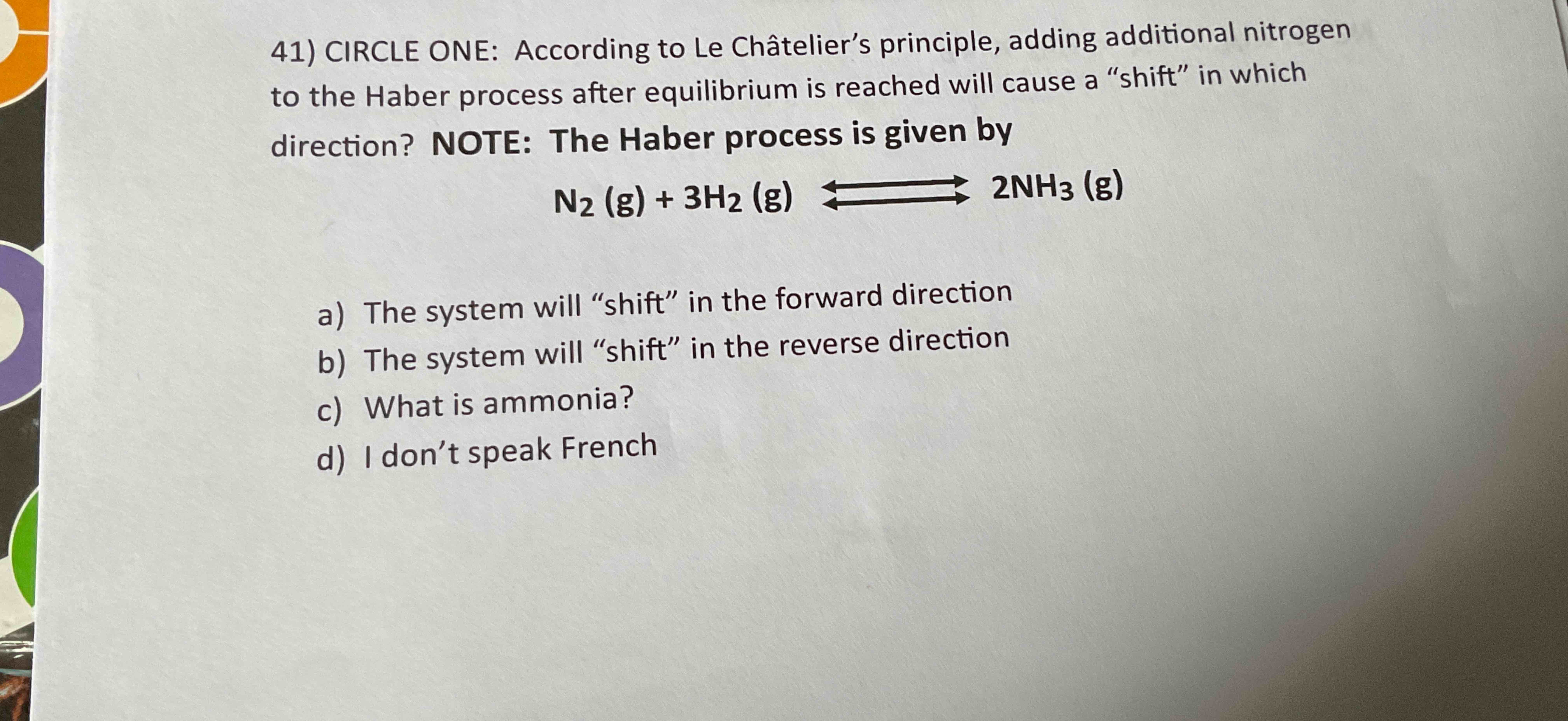 Solved CIRCLE ONE: According to Le Châtelier's ﻿principle, | Chegg.com