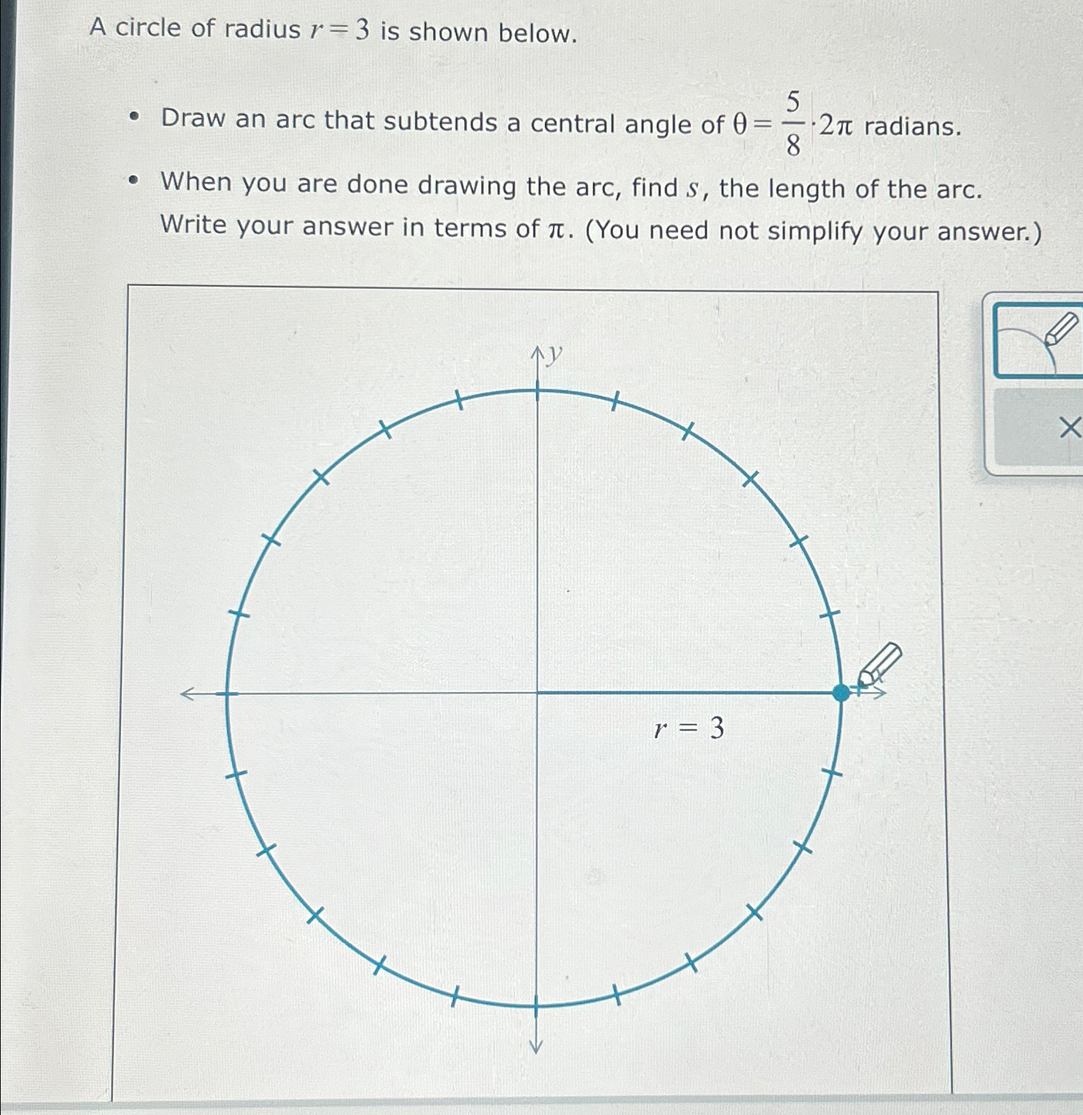 Solved A circle of radius r=3 ﻿is shown below.Draw an arc | Chegg.com