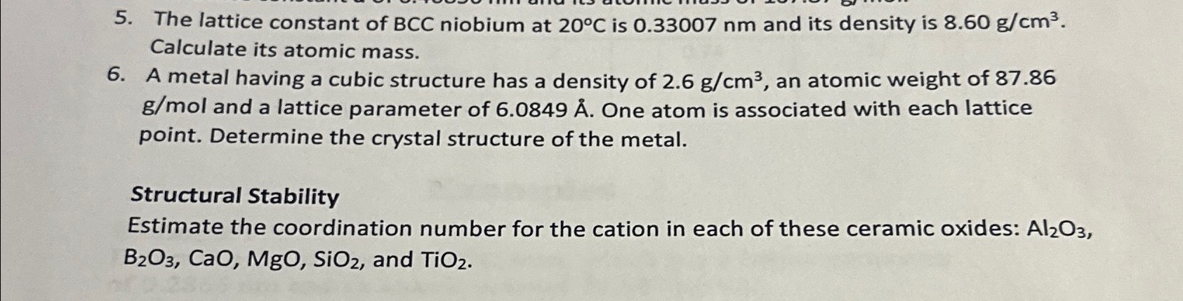 Solved The lattice constant of BCC ﻿niobium at 20°C ﻿is | Chegg.com