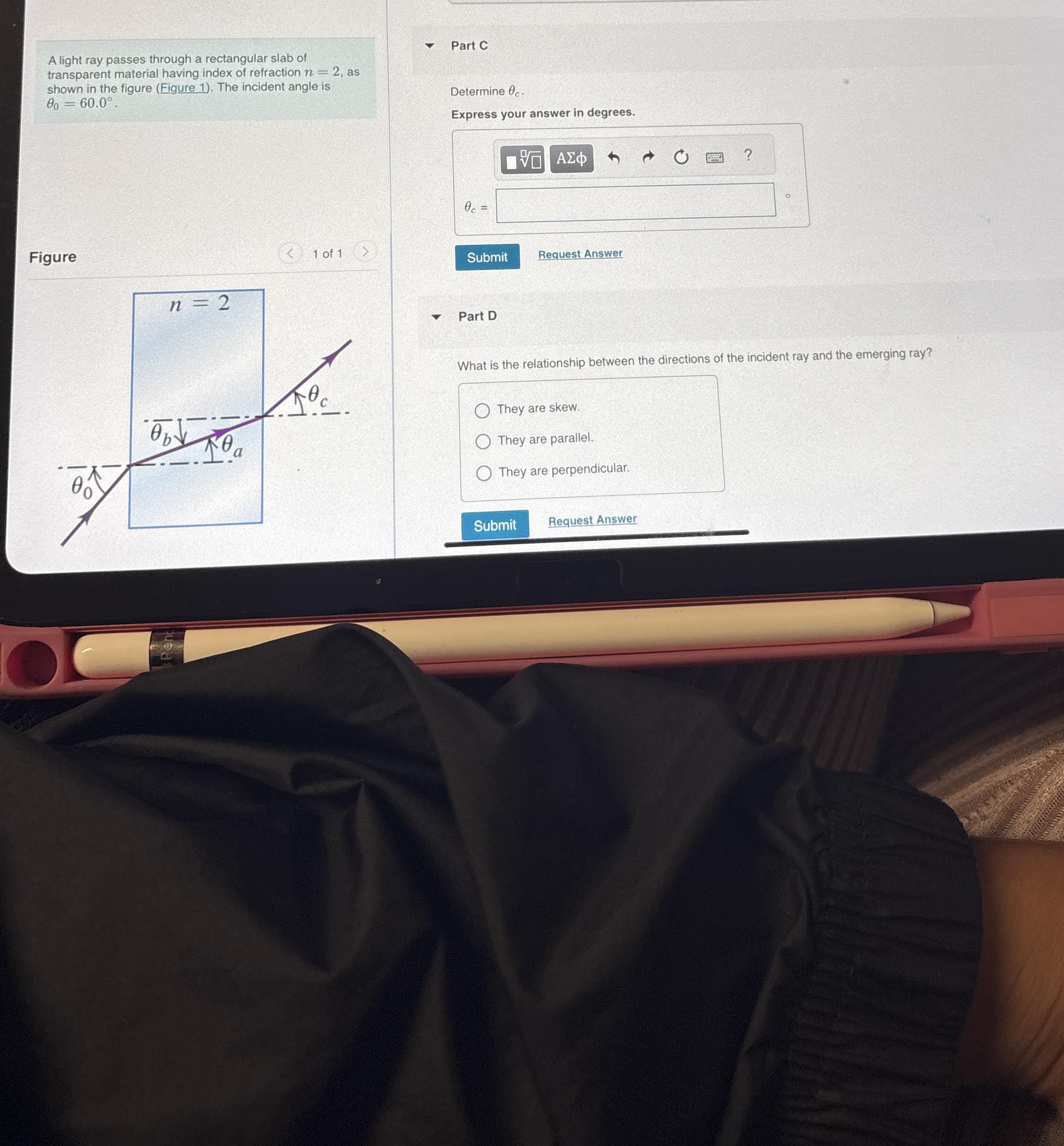 Solved A light ray passes through a rectangular slab of | Chegg.com
