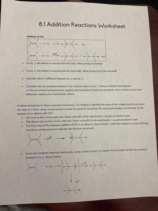 Solved . . . . . . 8.1 Addition Reactions Worksheet . | Chegg.com