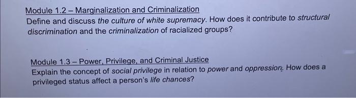 Module 1.2 - Marginalization and Criminalization | Chegg.com