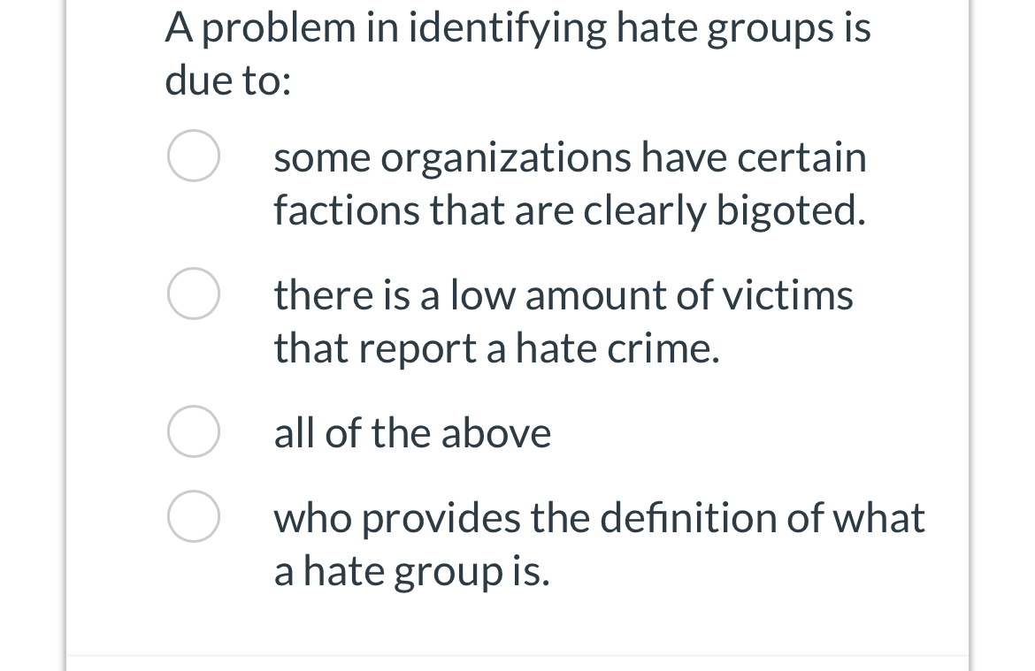Solved A problem in identifying hate groups isdue to:some | Chegg.com