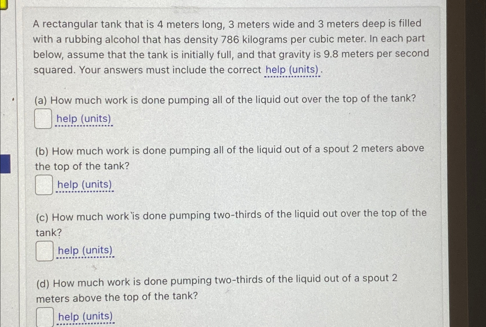 Solved A rectangular tank that is 4 ﻿meters long, 3 ﻿meters | Chegg.com
