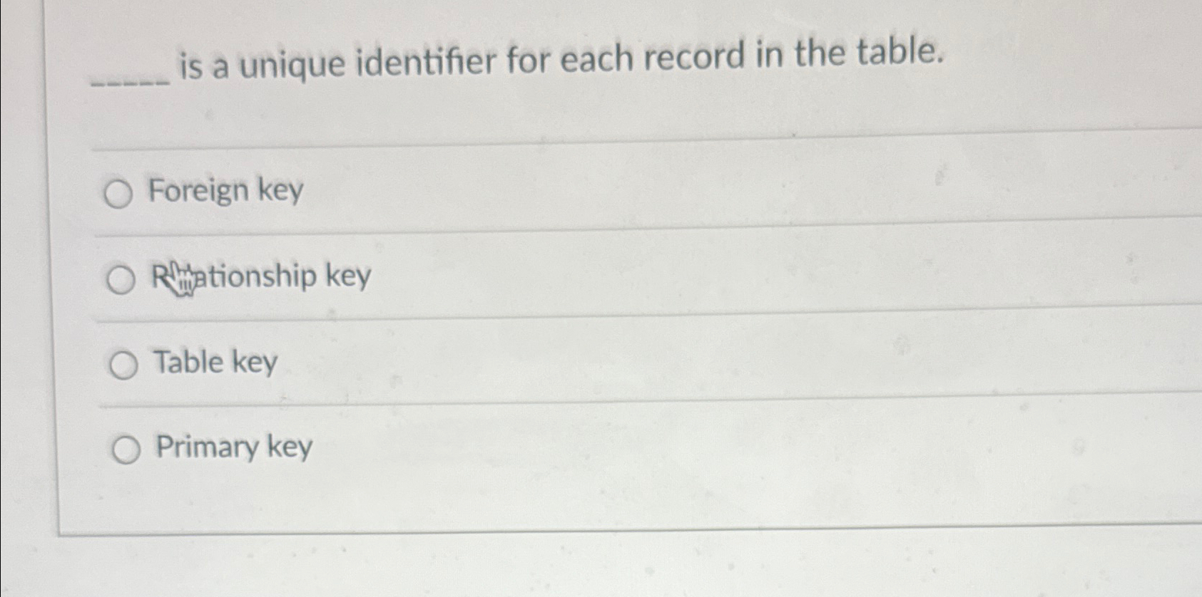 Solved is a unique identifier for each record in the | Chegg.com