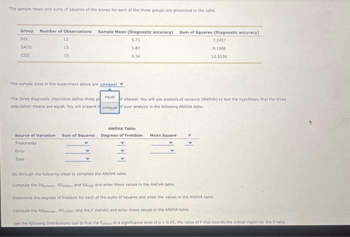 Solved The sample mean and sums of squares of the scores for | Chegg.com