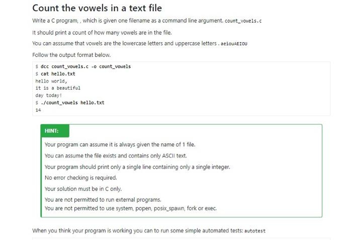 Solved Count the vowels in a text file Write a C program, , | Chegg.com