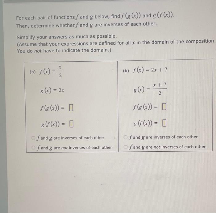 Solved For each pair of functions f and g below, find | Chegg.com