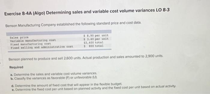 Solved Exercise 8-4A (Algo) Determining sales and variable | Chegg.com