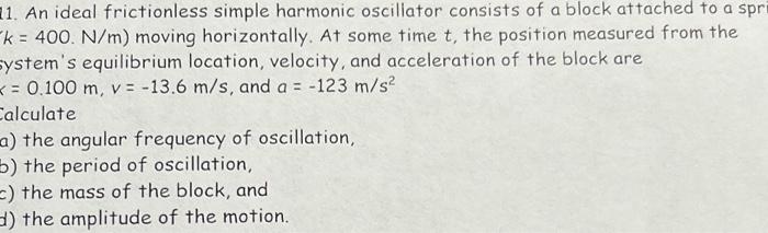 Solved 11. An ideal frictionless simple harmonic oscillator | Chegg.com