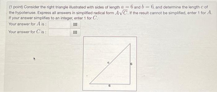 Solved (1 point) Consider the right triangle illustrated | Chegg.com