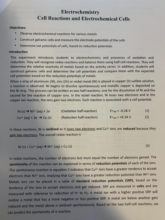 Solved Electrochemistry Cell Reactions and Electrochemical | Chegg.com
