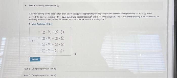 Solved Part A - Finding acceleration (1) m A student solving | Chegg.com