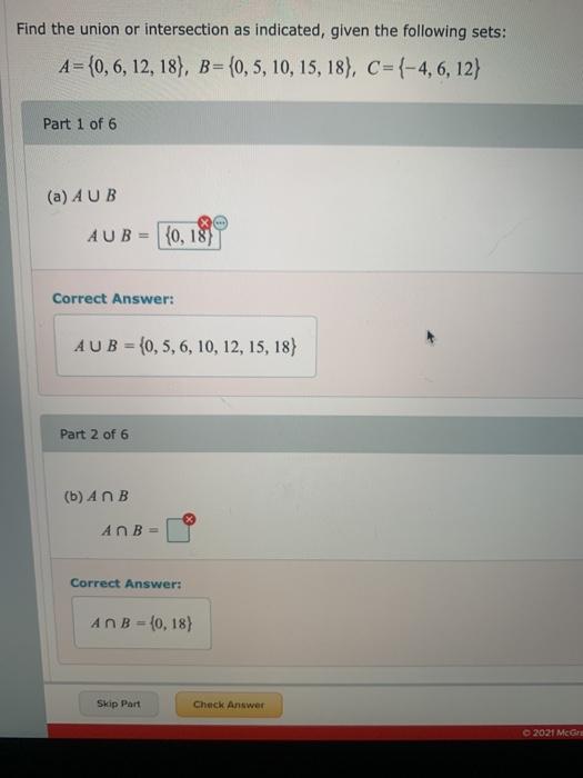 Solved Find the union or intersection as indicated, given | Chegg.com