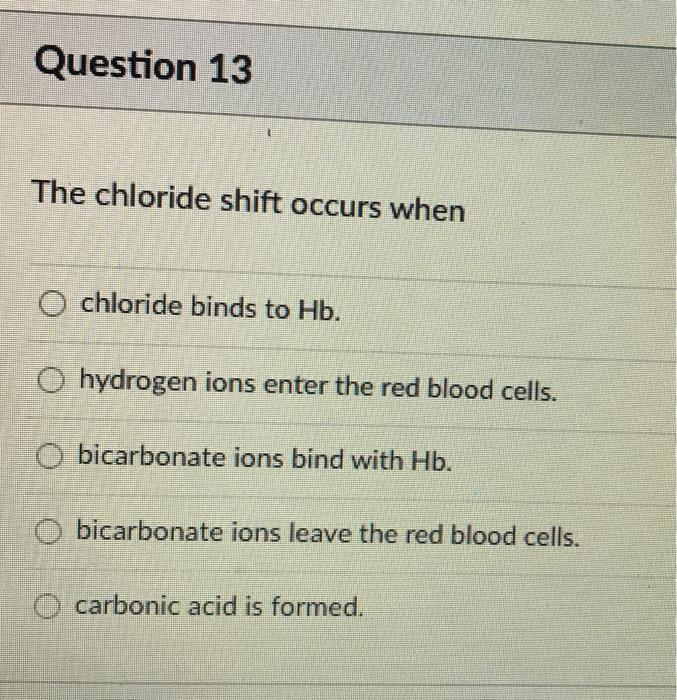 Solved Question 13 The chloride shift occurs when chloride | Chegg.com