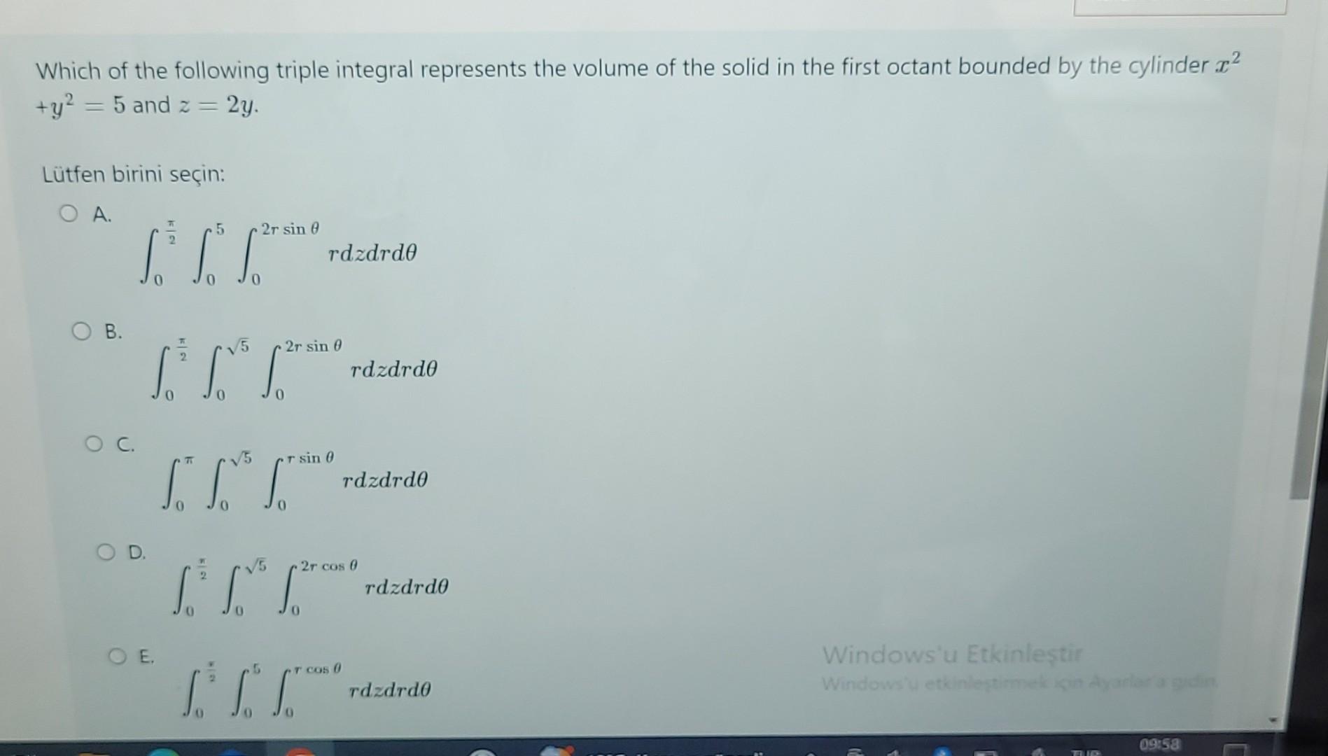 Solved Which of the following triple integral represents the | Chegg.com