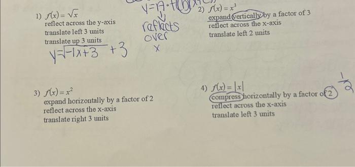Solved 1) f(x)=x reflect across the y-axis translate left 3 | Chegg.com