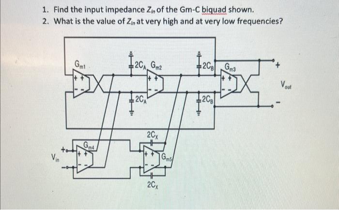 Solved 1. Find the input impedance Zin of the Gm-C biquad | Chegg.com