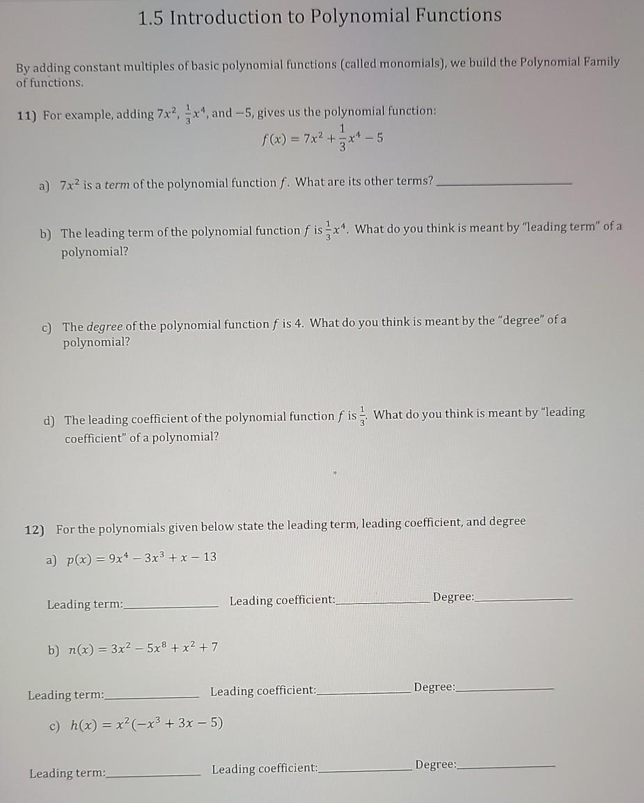 Solved 1.5 Introduction to Polynomial Functions By adding | Chegg.com