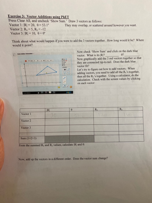 Solved Exercise 3: Vector Additions using PhET Press Clear | Chegg.com