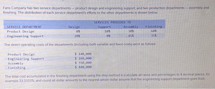 Solved Fans Company has two service departments - product | Chegg.com