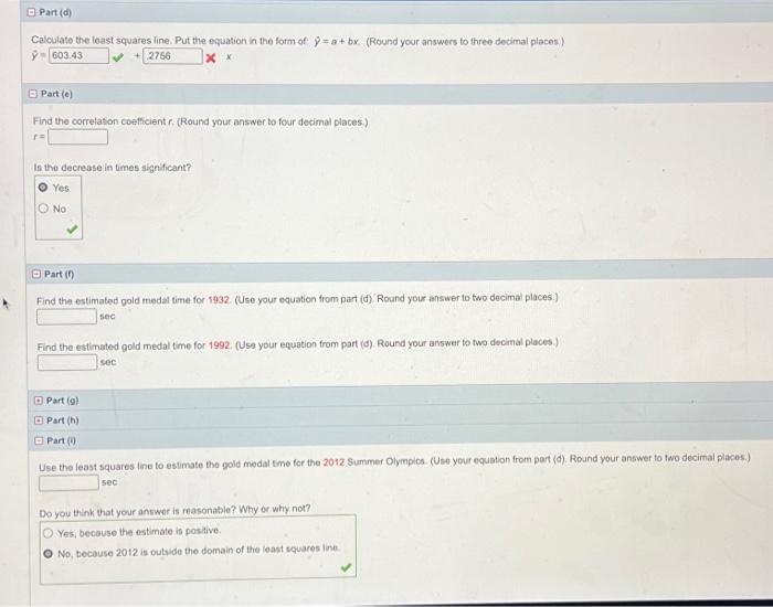 Solved The following table gives the gold medal times for | Chegg.com