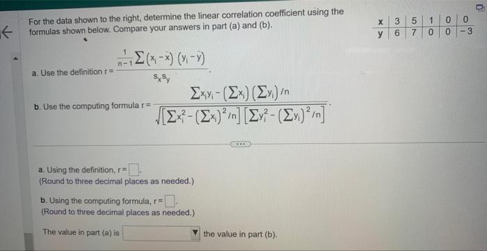 Solved For the data shown to the right, determine the linear | Chegg.com