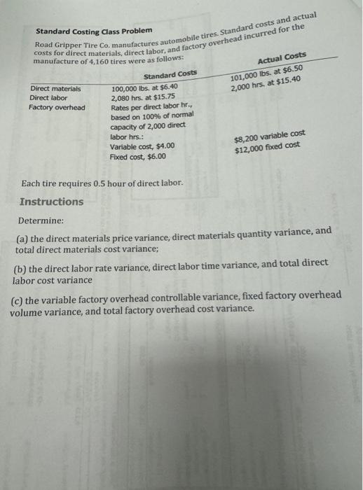 Solved Standard Costing Class Problem Road Gripper Tire Co. | Chegg.com