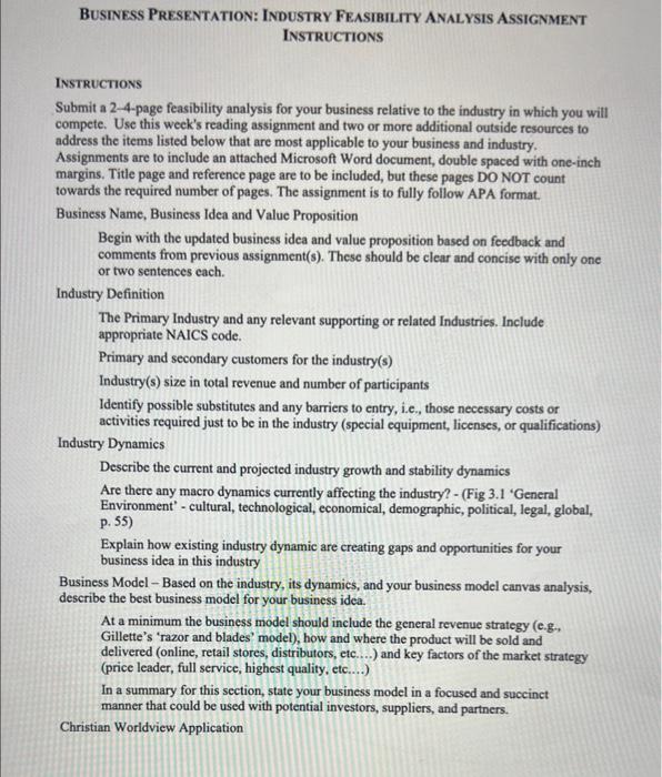 Solved BUSINESS PRESENTATION: INDUSTRY FEASIBILITY ANALYSIS | Chegg.com