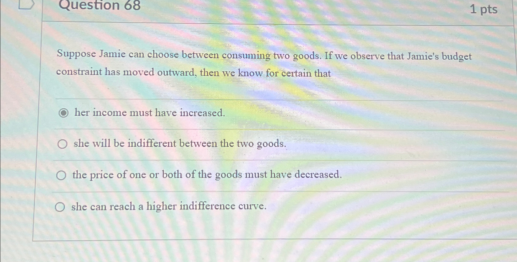 Solved Question 681 ptsSuppose Jamie can choose between | Chegg.com Solved Question 681 ptsSuppose Jamie can choose between | Chegg.com