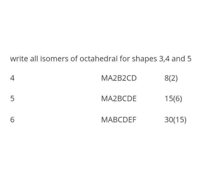 Solved write all isomers of octahedral for shapes 3,4 and 5 | Chegg.com