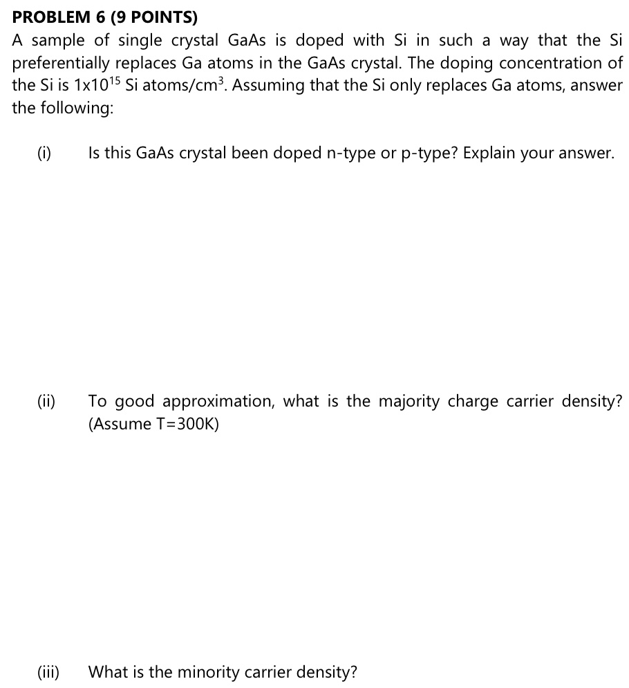 Solved PROBLEM 6 (9 ﻿POINTS)A sample of single crystal GaAs | Chegg.com